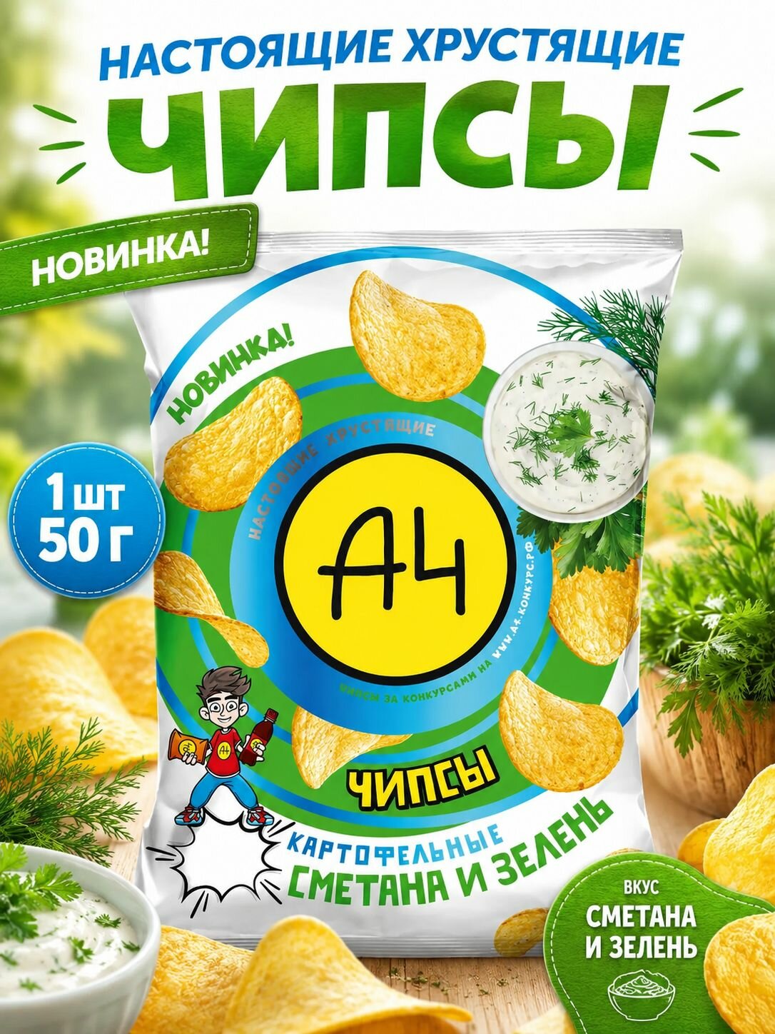 Чипсы А4 со вкусом сметана и зелень 50г, 60 г