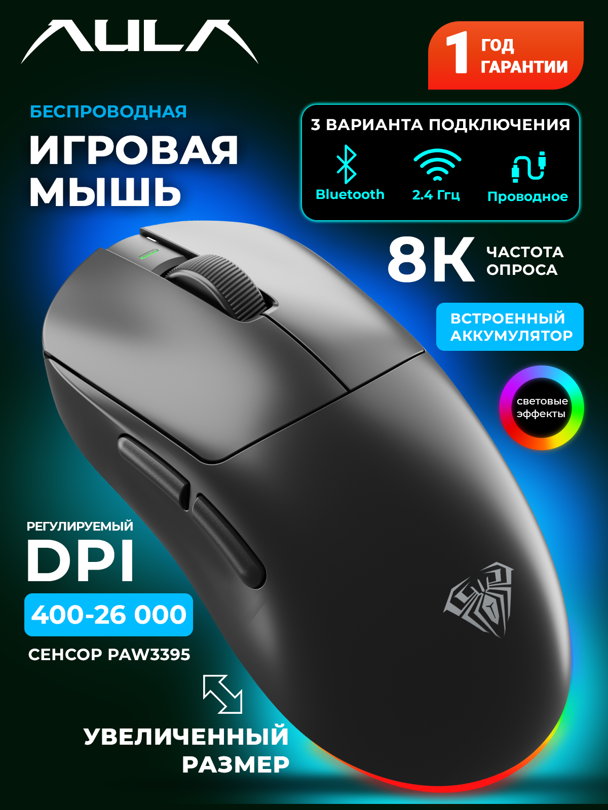 Компьютерная мышь AULA V9 PRO+ Чёрный, три режима подключения