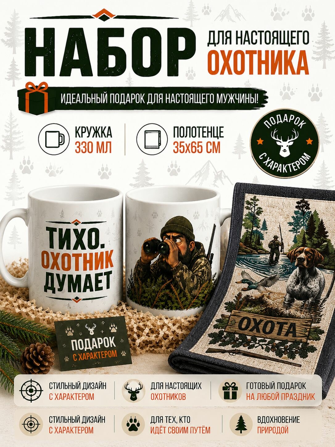 Набор кружка и полотенце "Охота", для охотника, 330мл, хлопок, 35х65см