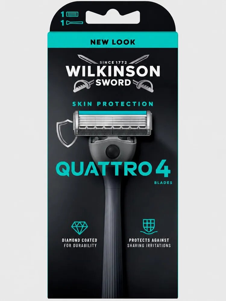 Wilkinson Sword Бритва Schick QUATTRO 4 Titanium Skin Protection Sensitive (1 станок, 1 кассета), 4 лезвия + лезвие-триммер, плав. головка, увл. полоска, прорезиненная ручка