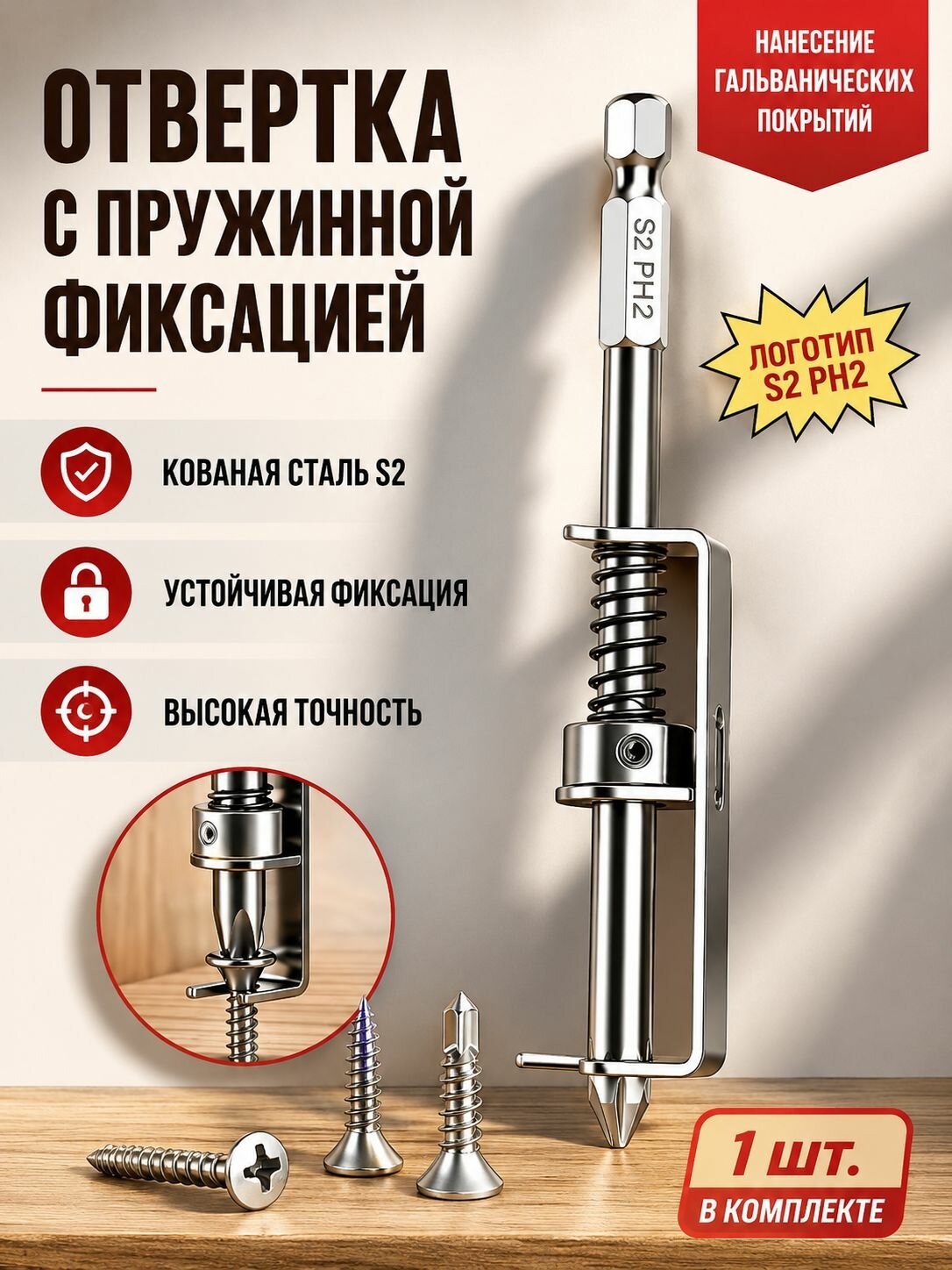 Бита с пружинный фиксацией саморезов, биты для шуруповертов ph2,1 шт.