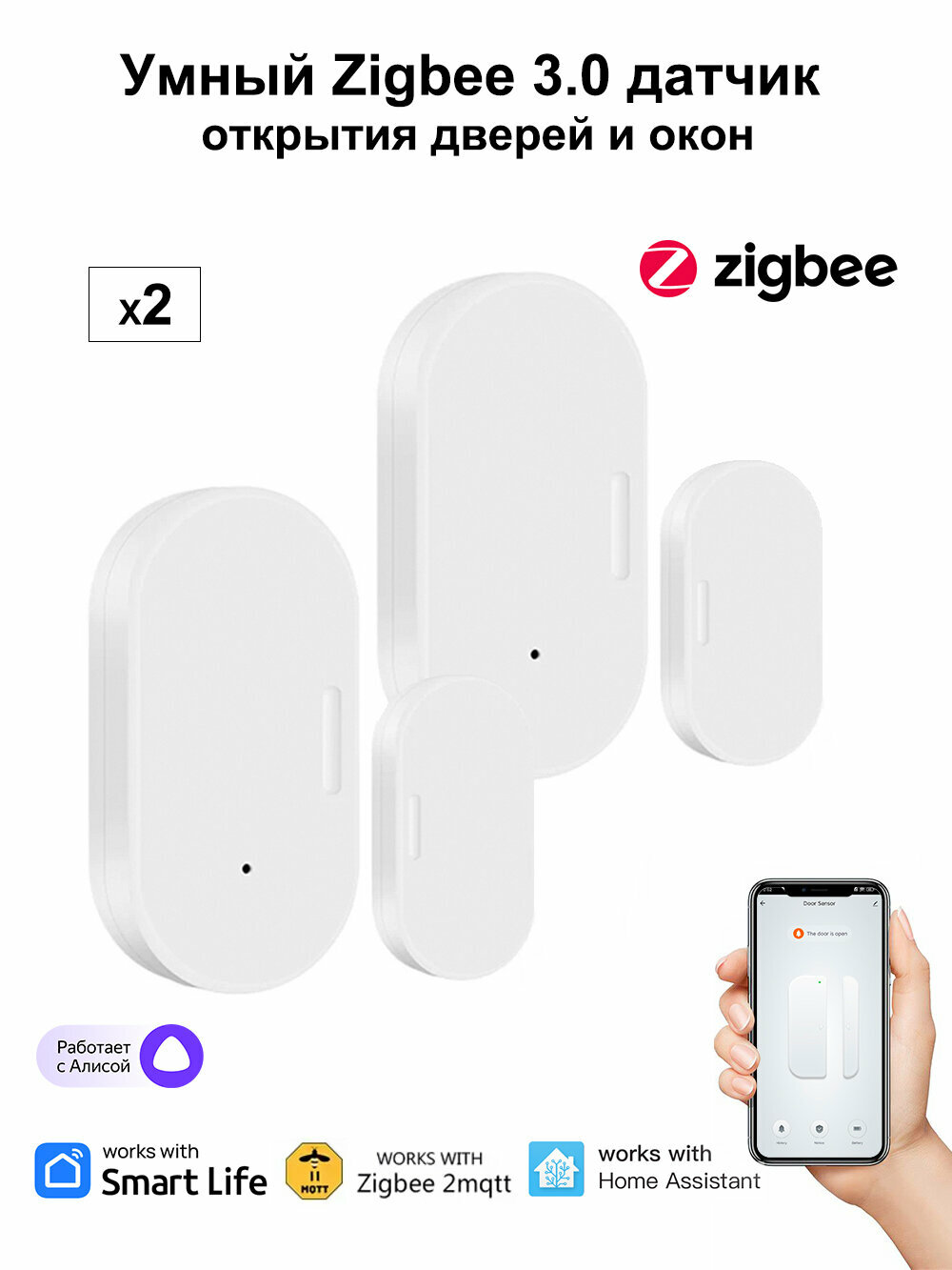 Умный датчик открытия дверей и окон Zigbee с Алисой, smartlife,2 шт. (Комплектация: датчик открытия)