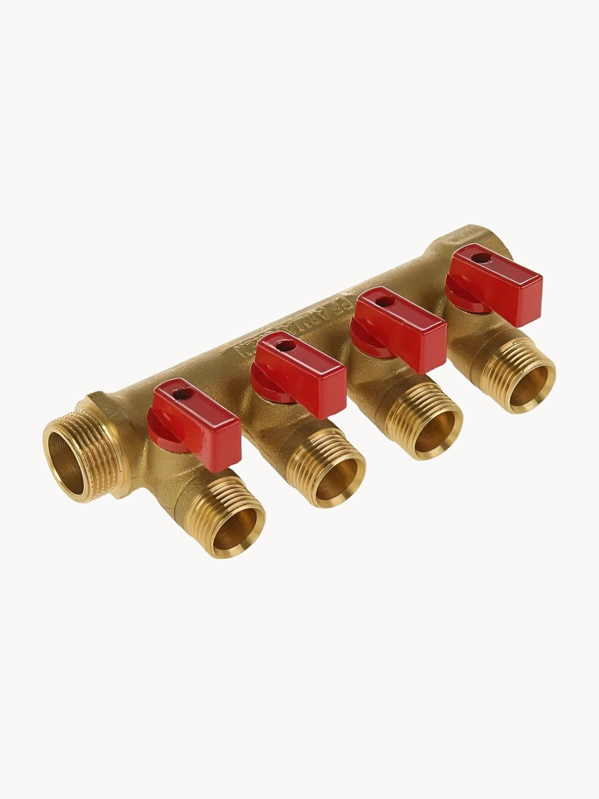 Коллектор латунь 3/4" ВР/НР на 4 вых 1/2" НР м/о 35мм с шаровыми кранами, красные ручки 9026 Aquasfera 9026-03