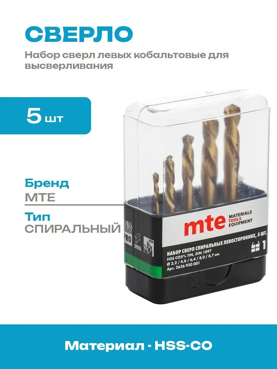 Комплект 5 левых сверл по металлу для высверливания болтов