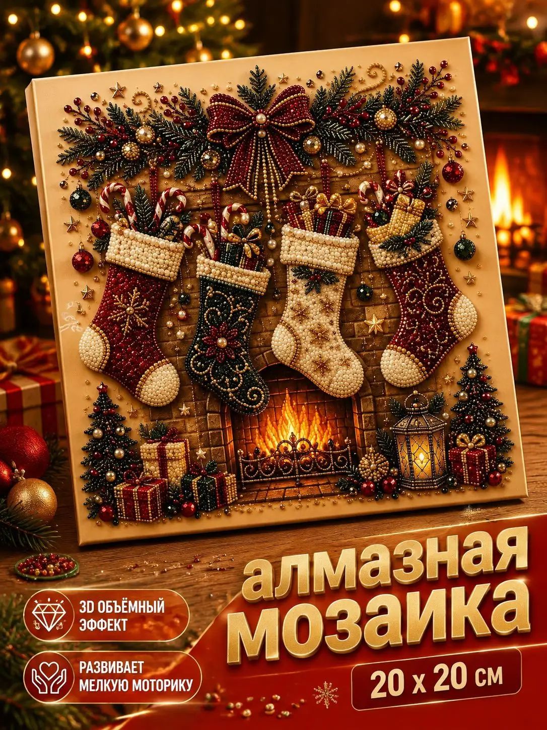 Алмазная мозаика на подрамнике 200x200 мм с круглыми стразами, цвет рамы коричнево-красный тон, декор