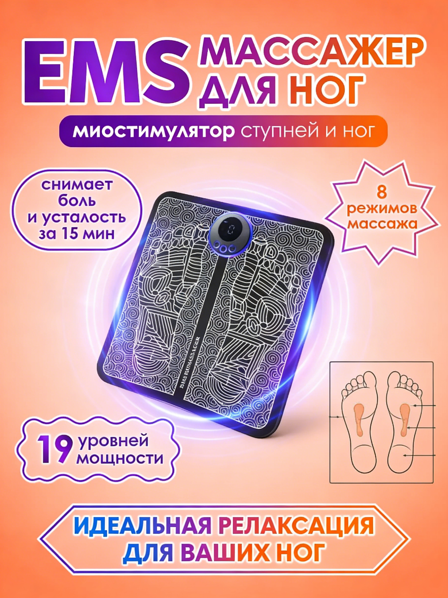 Массажный коврик миостимулятор для ног электрический, акупунктурный массажер для стоп