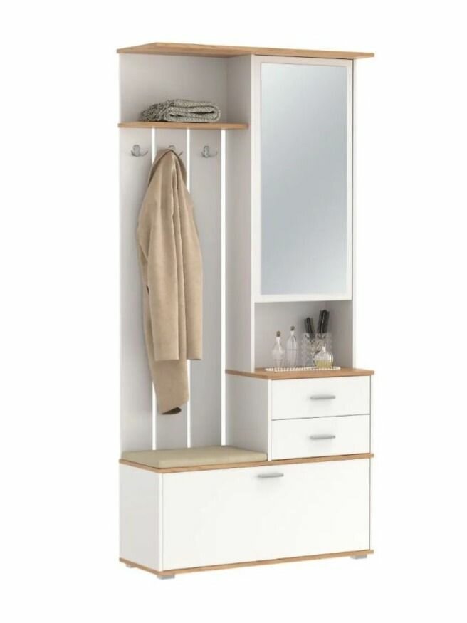Шкаф для прихожей 65.08 Антре с зеркалом, 100х2087х362, белый/дуб золотой/ткань велюр крем