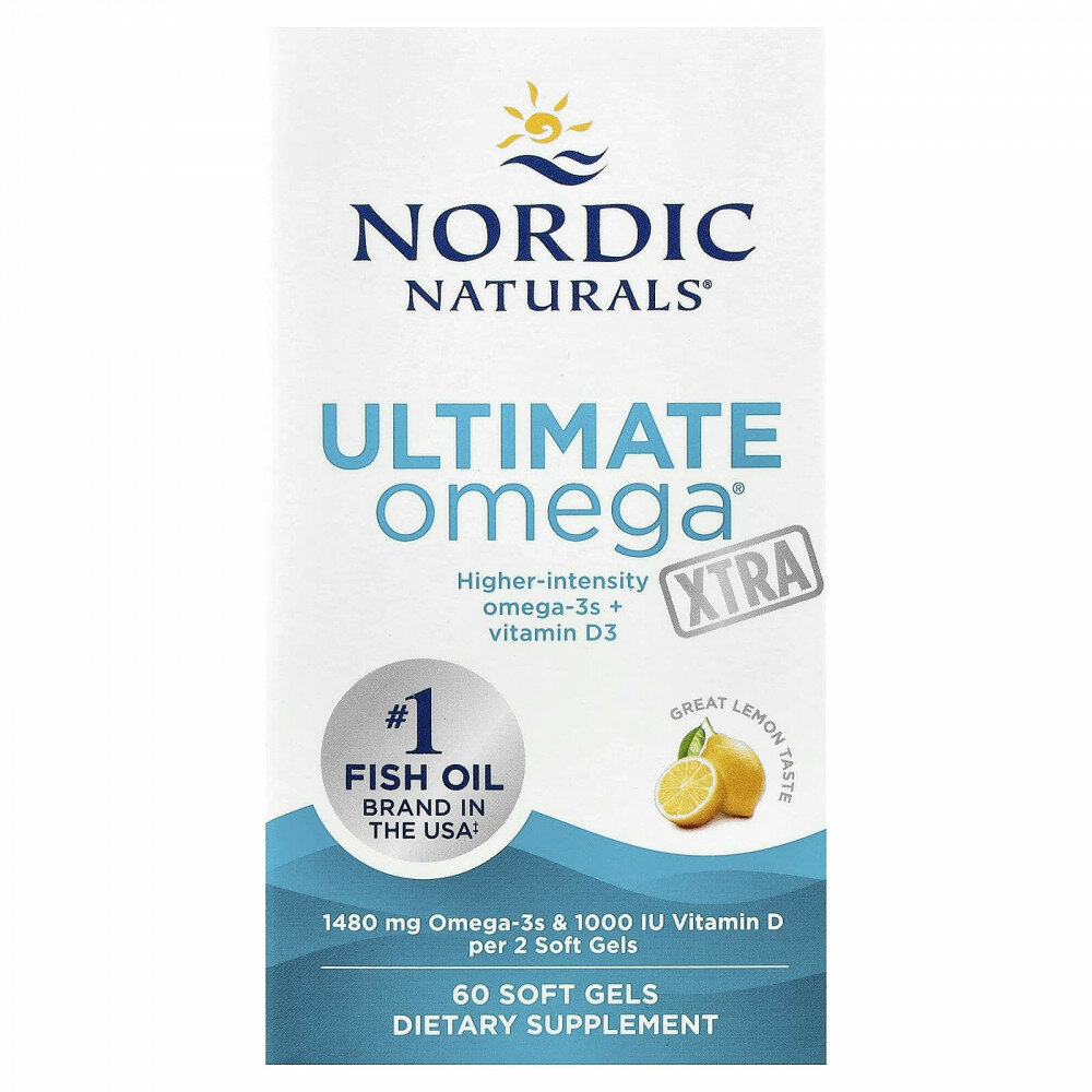 Nordic Naturals, Ultimate Omega Xtra, высокоэффективные омега-3 кислоты, со вкусом лимона, 1480 мг, 60 капсул (740 мг в 1 капсуле)