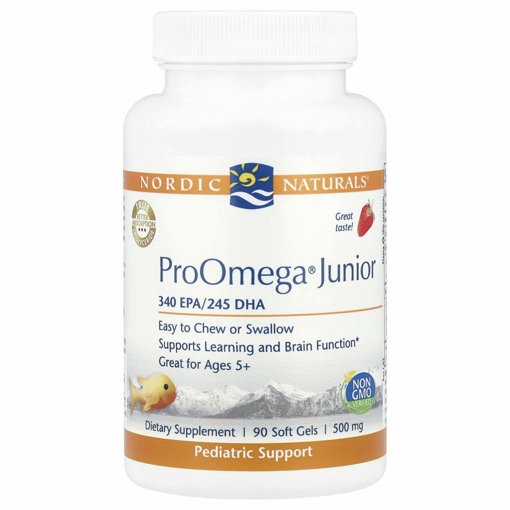 Nordic Naturals, ProOmega® Junior, для детей от 5 лет, клубника, 90 капсул (340 мг в 1 капсуле)