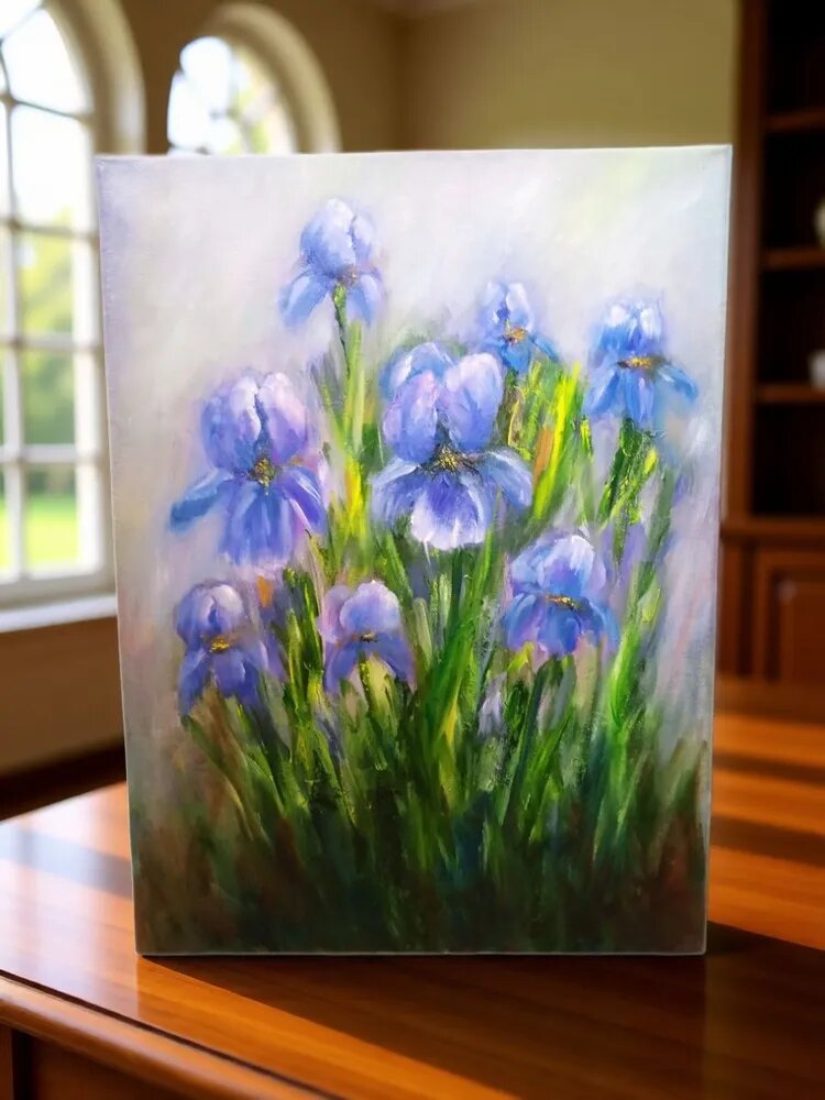 Картина маслом "Ирисы" (ручная работа). Холст на подрамнике. Размер холста 30*40 см.