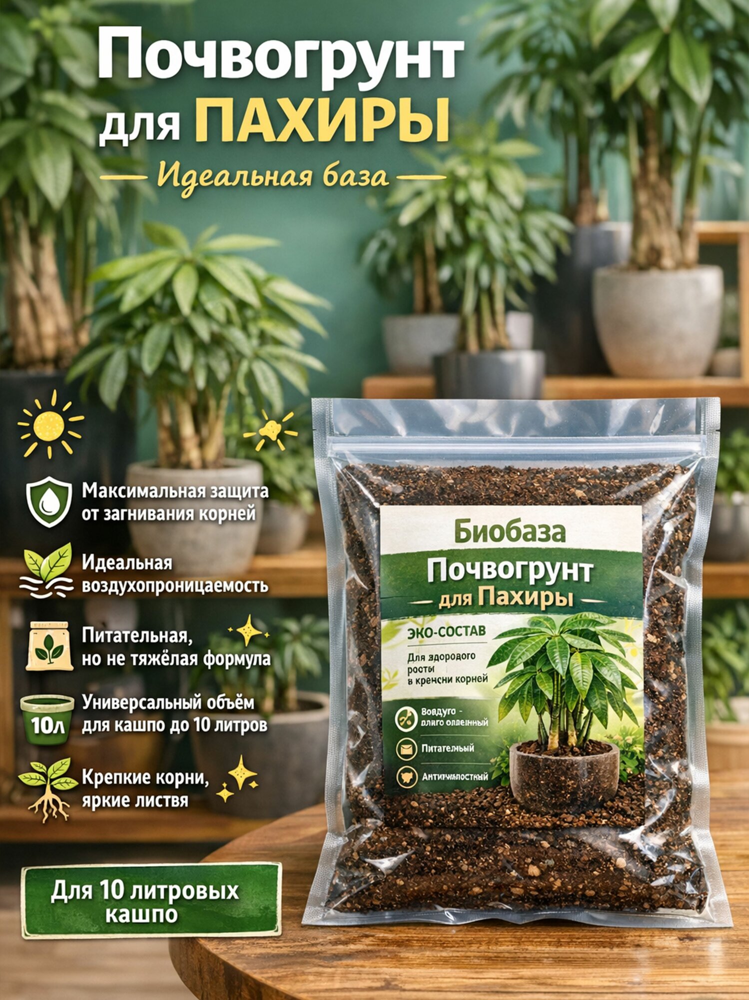 Почвогрунт для пахиры для кашпо до 10л премиум грунт для растений