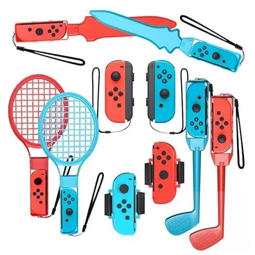 Набор спортивных аксессуаров 10 в 1 для Nintendo Switch Joy-Con включает теннисные ракетки, клюшки для гольфа, футбольные ремни для ног, мечи и браслеты для запястий