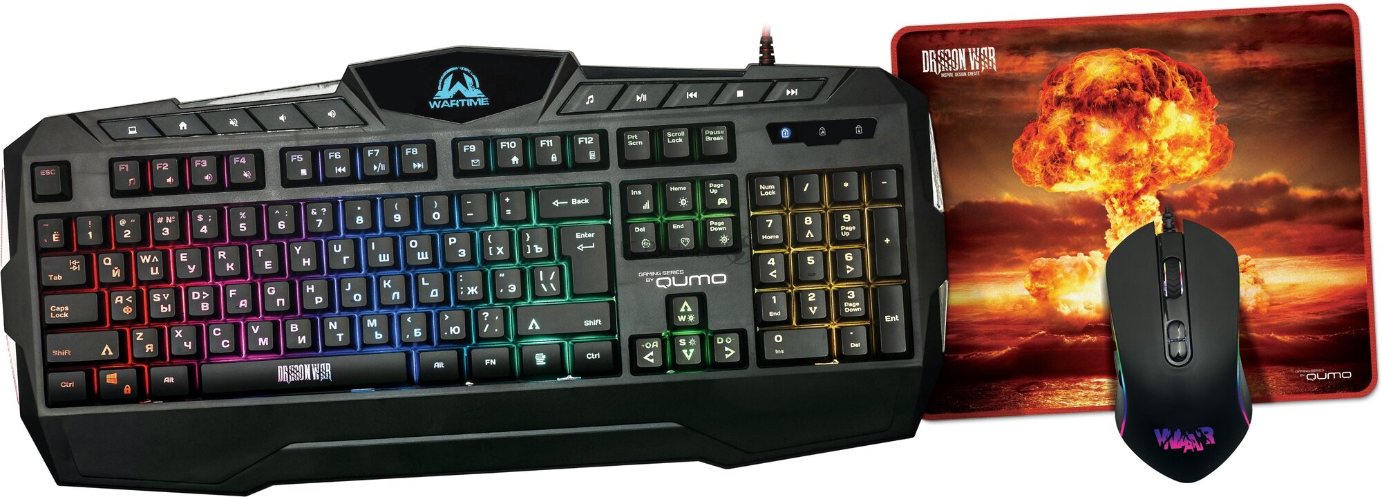 Игровой набор Qumo Wartime K51/M67, клавиатура проводная, 104+10 клавиш, подсветка RGB, мышь проводная.
