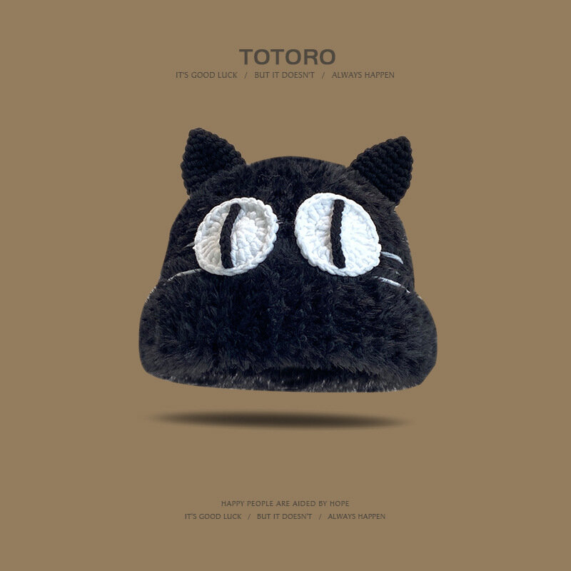 Японская милая вязаная шапка с кошачьими ушками для женщин, однотонная шерстяная шапка 2024, осенне-зимняя теплая и универсальная, приятная для кожи носка