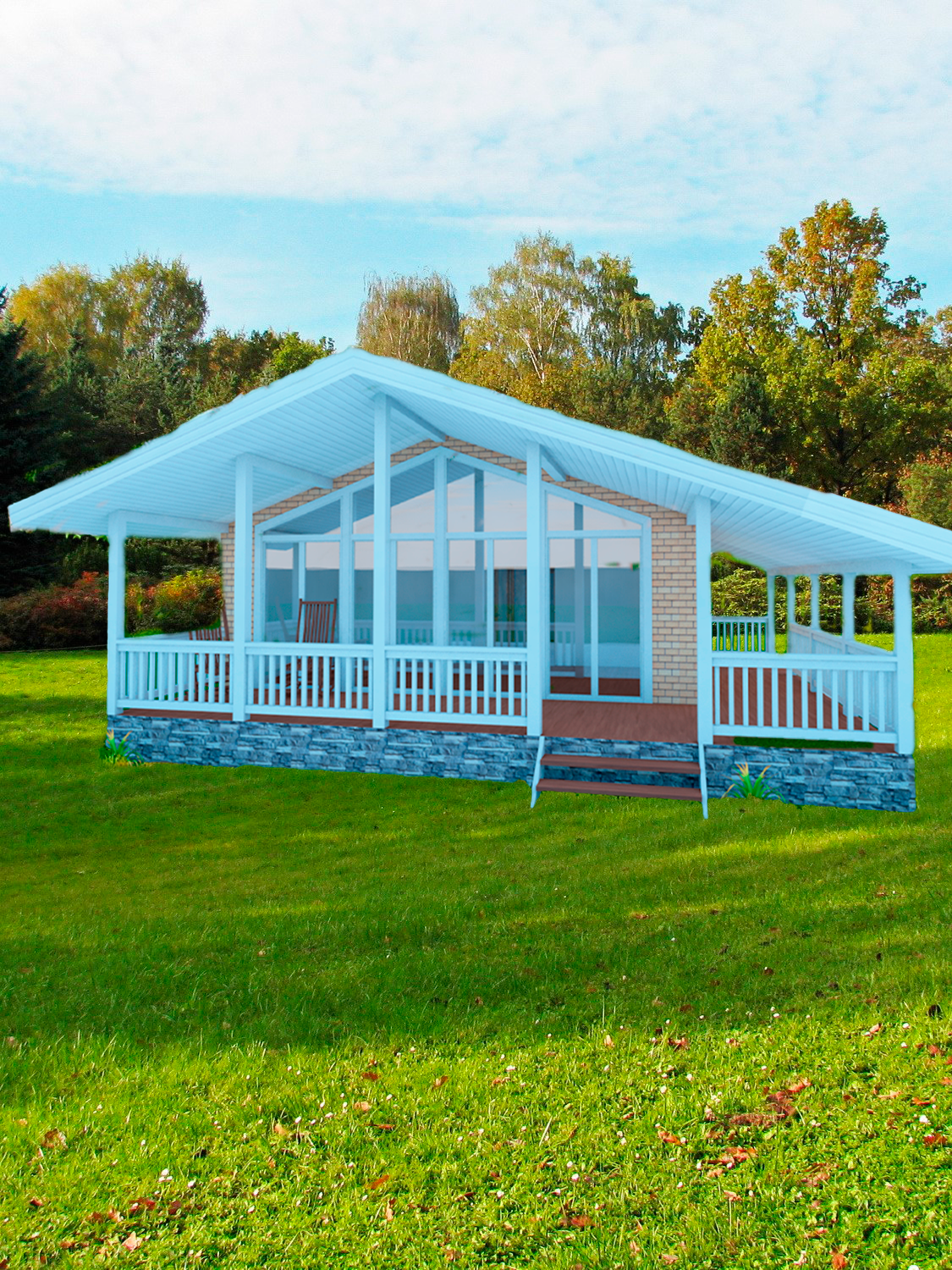 Проект одноэтажного каркасного дома с террасой и двумя спальнями 7,80х10,75 м