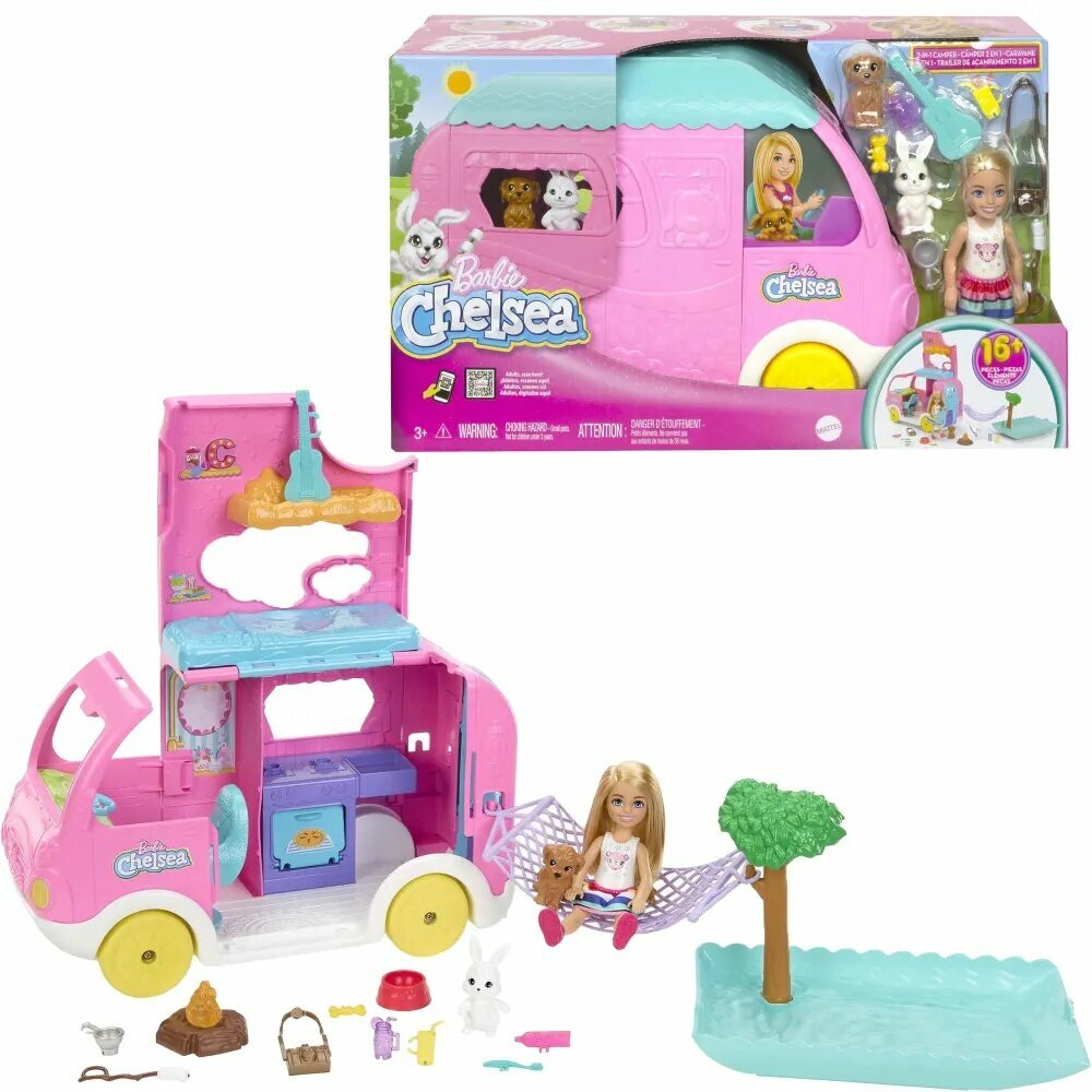 Игровой набор Кемпер 2-в-1 Barbie Chelsea с маленькой куклой Челси, 2 домашними животными и 15 аксессуарами