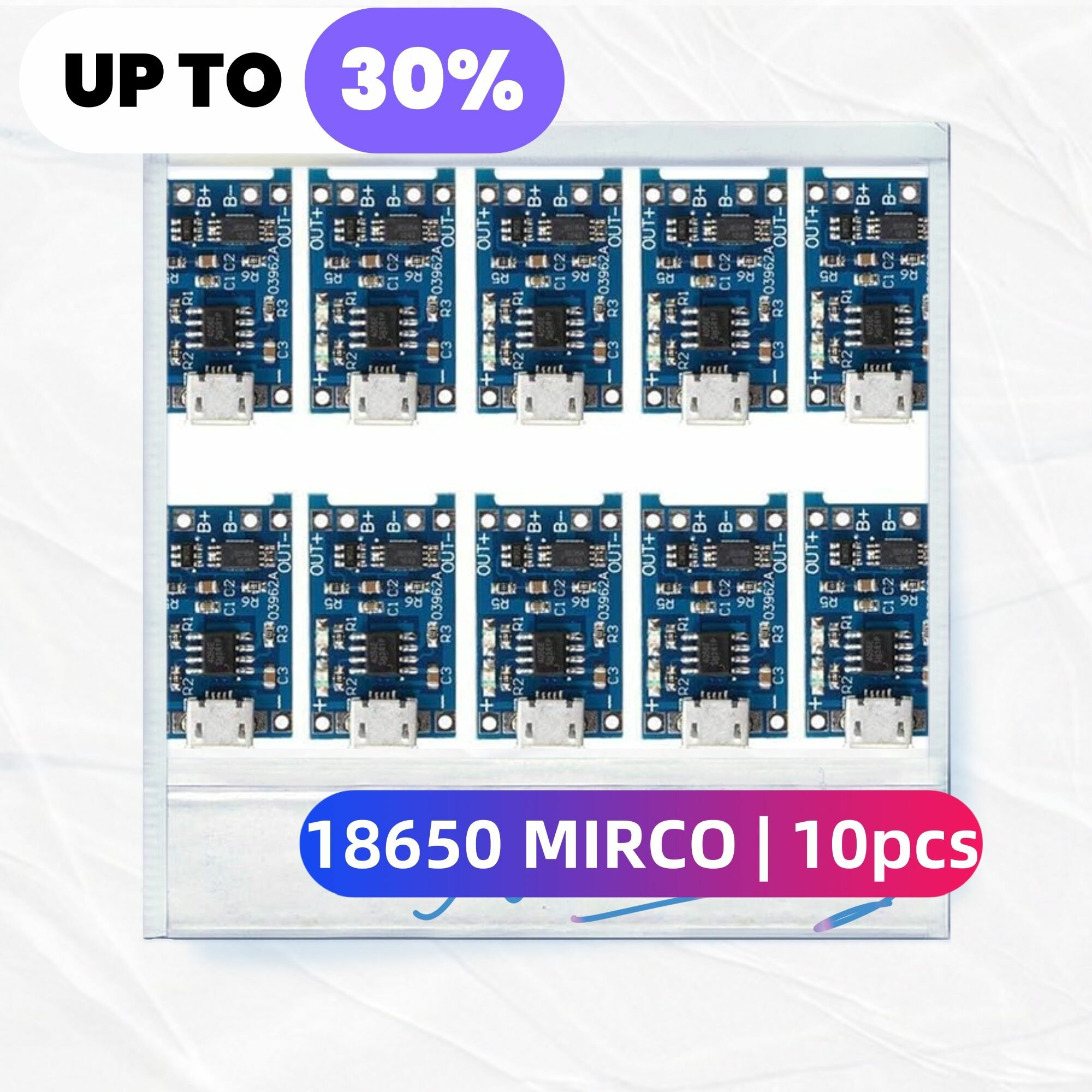 Набор из 10 модулей зарядки TP4056 для литиевых аккумуляторов 18650 с интерфейсом MIRCO. Вход 5В, ток 1А, защита от перезаряда и переразряда. Для DIY проектов