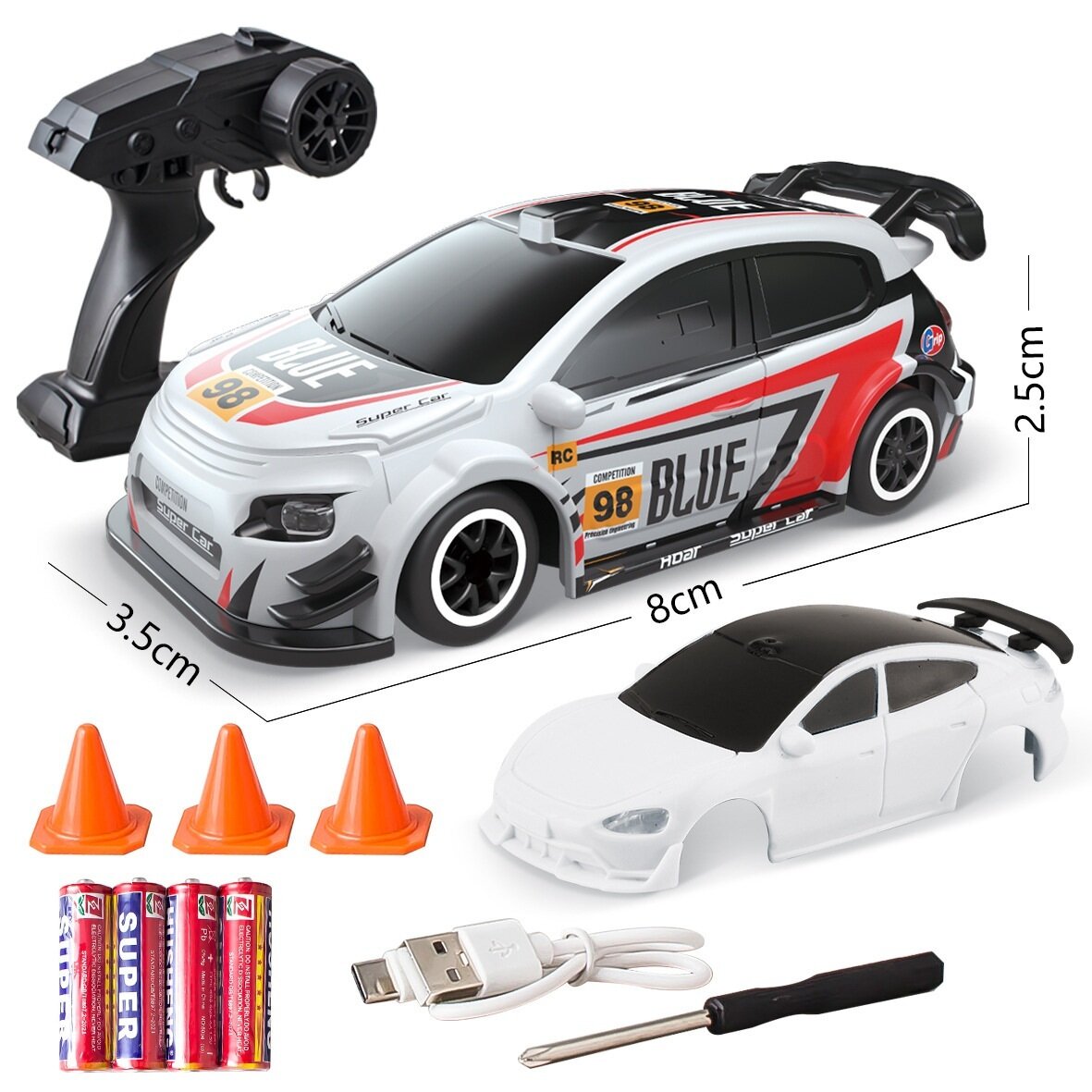 Радиоуправляемый гоночный дрифт-кар 1:64 4WD 2.4G для стола, регулировка скорости, подсветка, зарядка Type-C