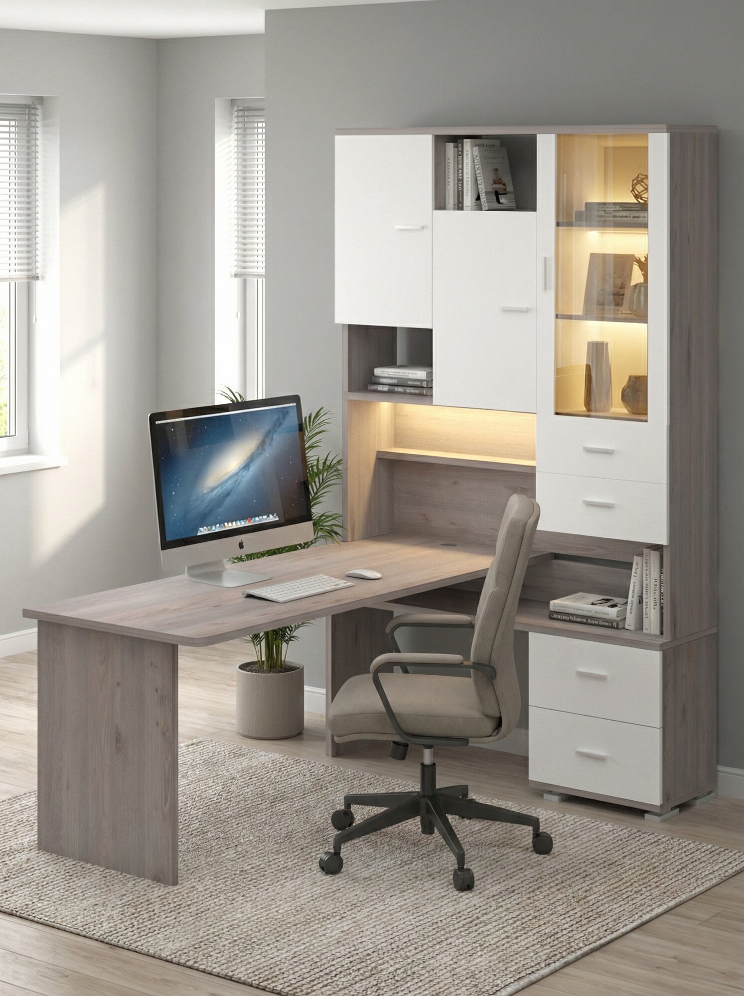 Стол компьютерный Мэрдэс СР-620/180 нбен-прав Нельсон/Белый/Нельсон, с надстройкой, с ящиками, 130х180х216 см