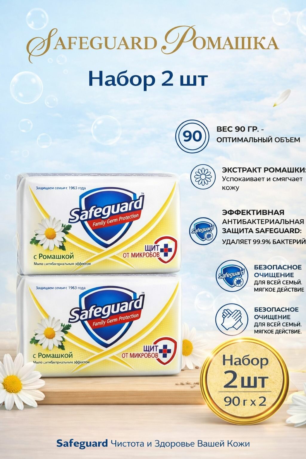 Набор 2 шт Safeguard - Мыло туалетное твердое Ромашка 90 гр