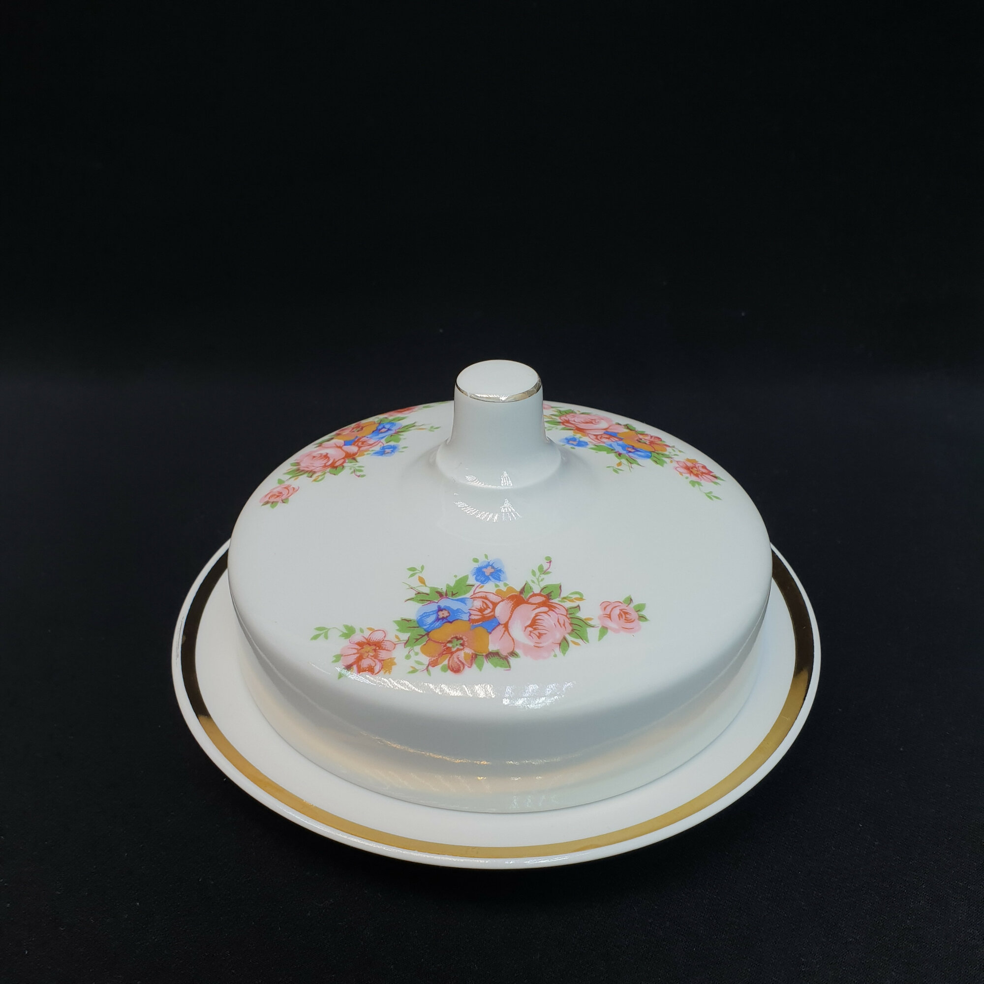 Винтажная масленка, Дулево, фарфор, деколь, позолота, СССР.