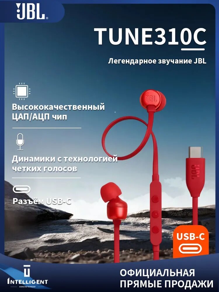 Наушники проводные с микрофоном, USB Type-C, красный