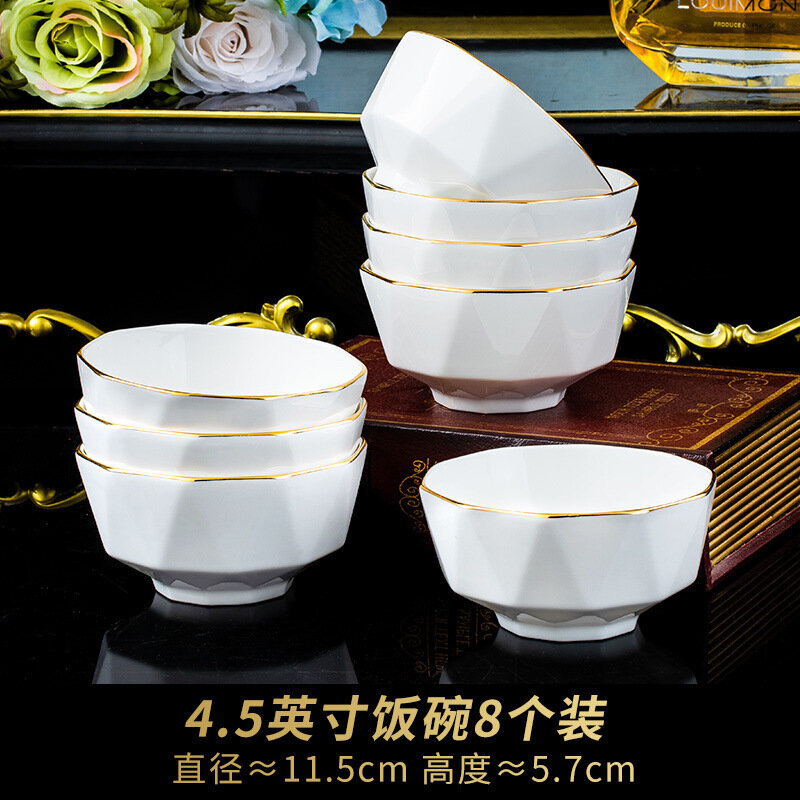Керамическая чаша из Цзиндэчжэня для домашнего использования, в скандинавском и японском стиле, чисто белая с золотой отделкой, чаша в форме алмаза, чаша для риса, большая чаша, чаша для супа и лапши, керамика.