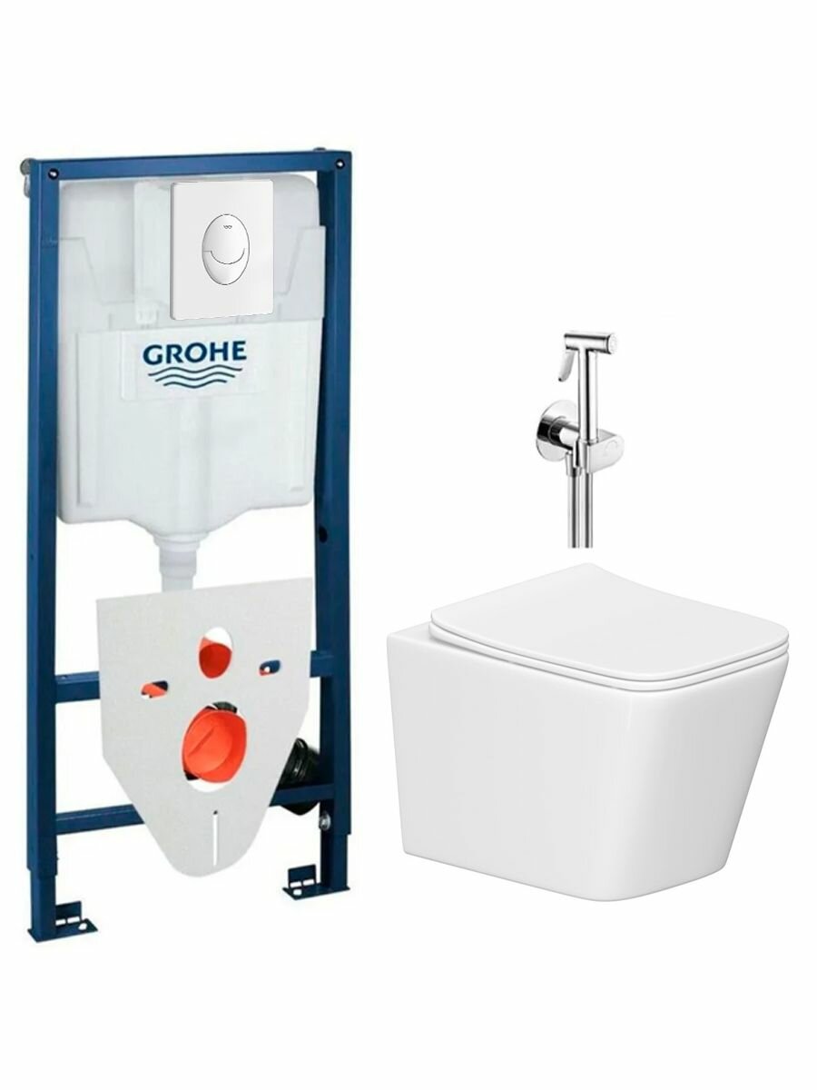Инсталляция с унитазом и гигиеническим душем комплект: унитаз подвесной Helmken 35120001, сиденье с микролифтом из дюропласта, инсталляция Grohe, шумоизоляция, кнопка, гигиенический душ