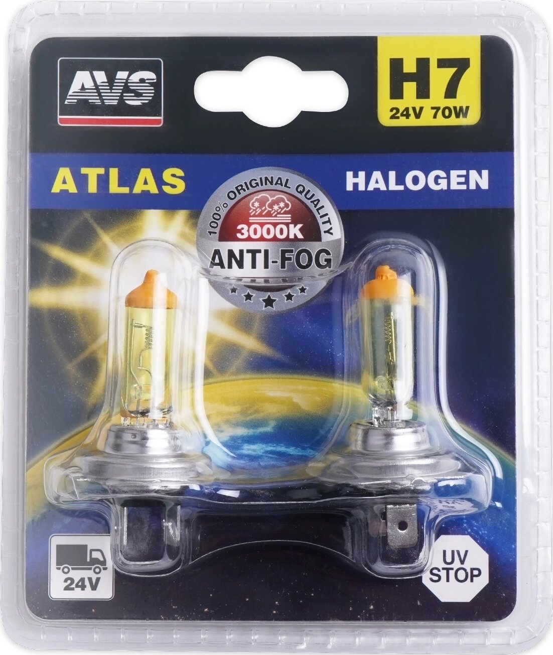 Комплект галогенных ламп AVS /ATLAS ANTI-FOG/желтый H7. 24V.70W. блист