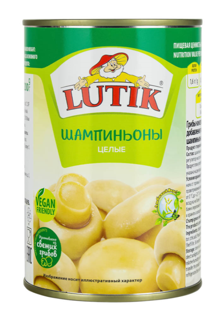 Шампиньоны Lutik целые без добавления уксусной кислоты, 425 мл