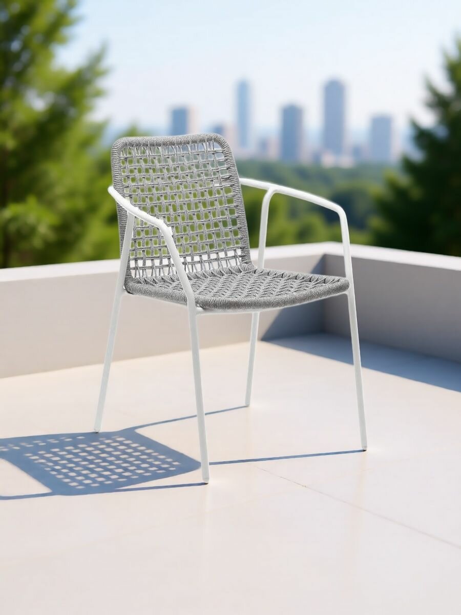 Садовое кресло-стул тунис из белого алюминия, плетенный из светло-серого роупа