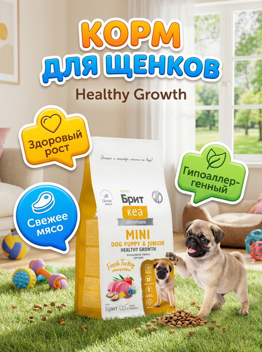 Сухой корм Брит Кеа MINI DOG PUPPY & JUNIOR.HEALTHY GROWTH.MONOPROTEIN для щенков с индейкой, 0,4гр