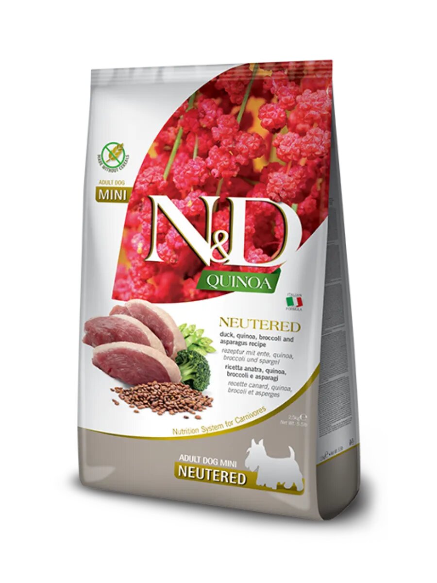 Сухой корм N&D Quinoa Neutered (Фармина) для стерилизованных/кастрированных собак мелких пород, утка и киноа 2,5 кг