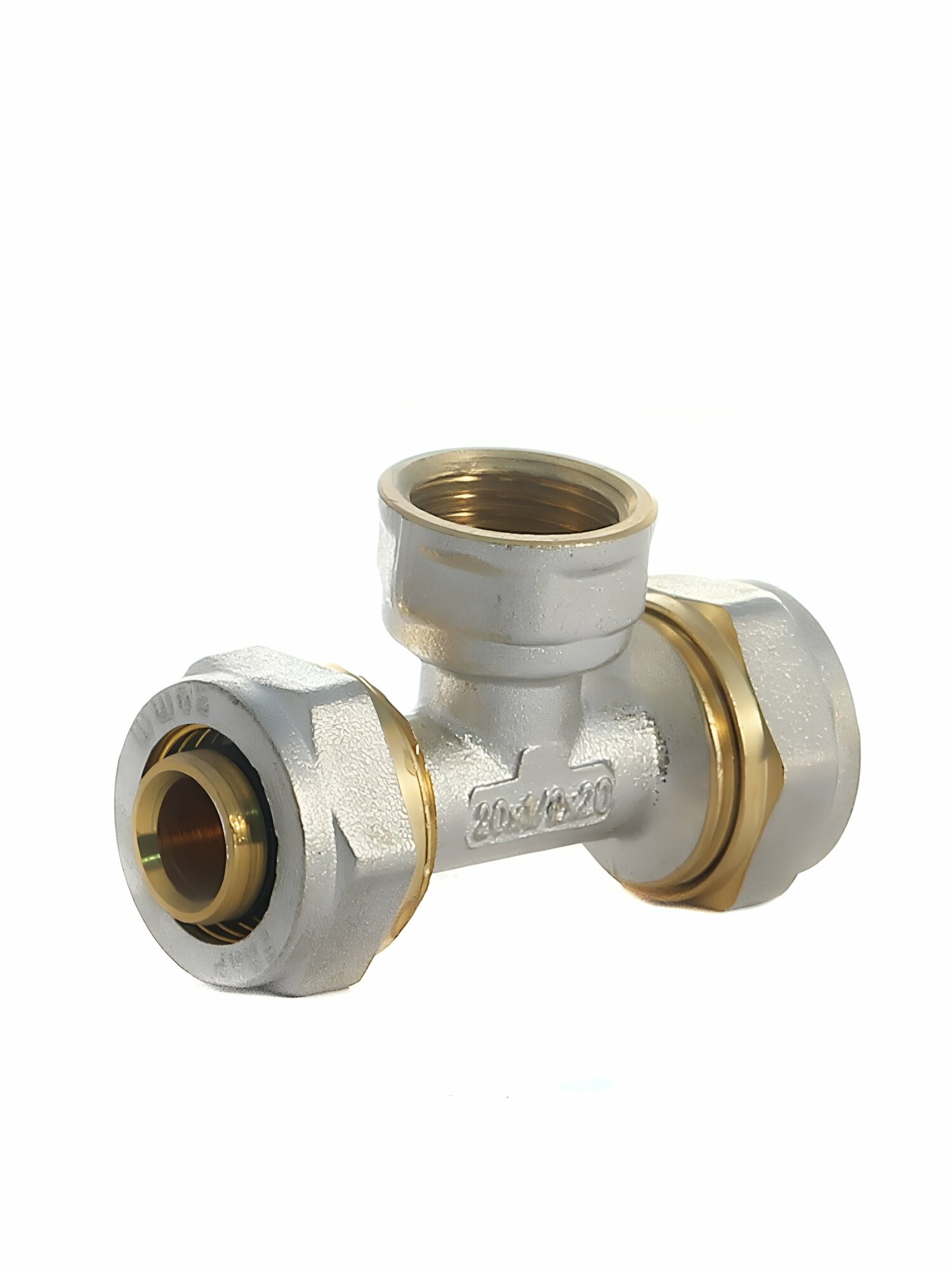 Металлопластиковый тройник Frap с цангой и гайкой 1/2", 20х20 мм