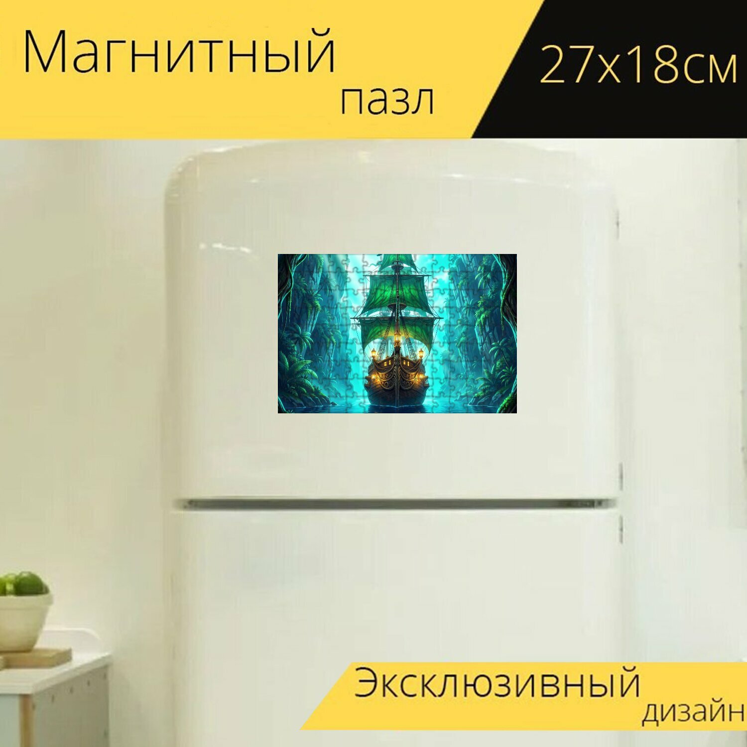 Магнитный пазл "Пиратский корабль в тропическом каньоне. Фэнтезийный парусник с зелёными парусами плывёт между высокими скалами и густыми джунглями." на холодильник 27 x 18 см.