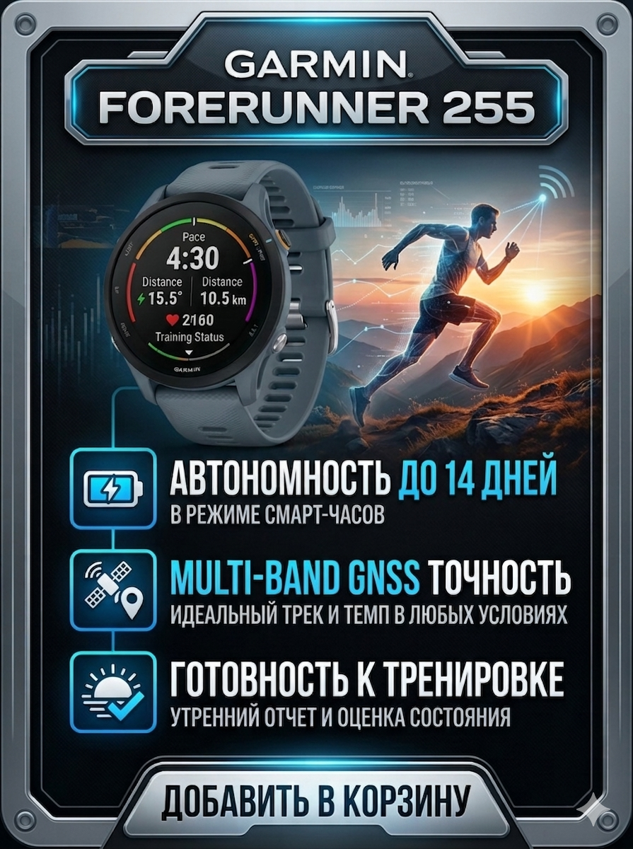 Умные часы Garmin Forerunner 255, с темно-серым ремешком (010-02641-10)