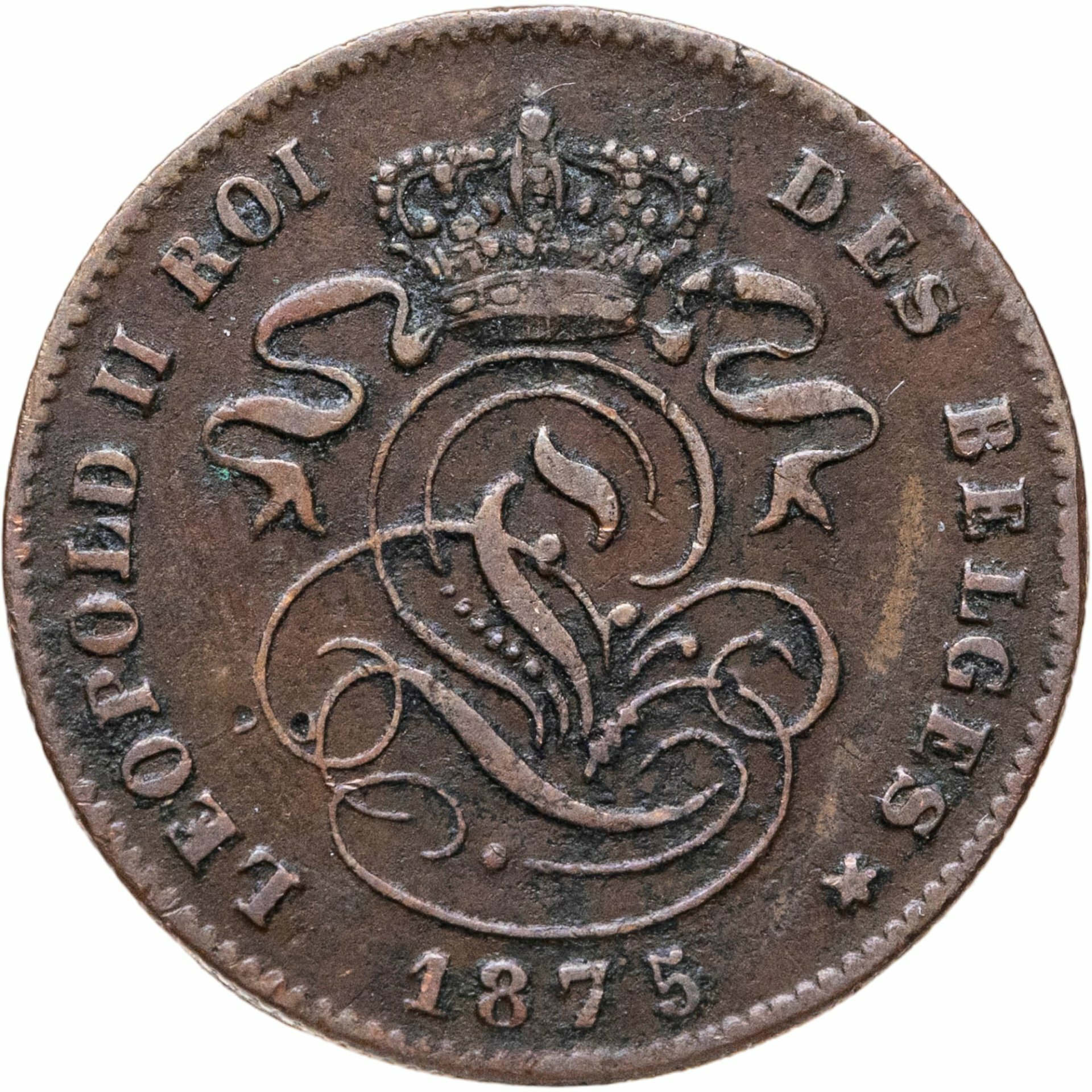 Бельгия 2 сантима centimes 1875 Надпись на французском - 'DES BELGES', Медь, в сохранности XF