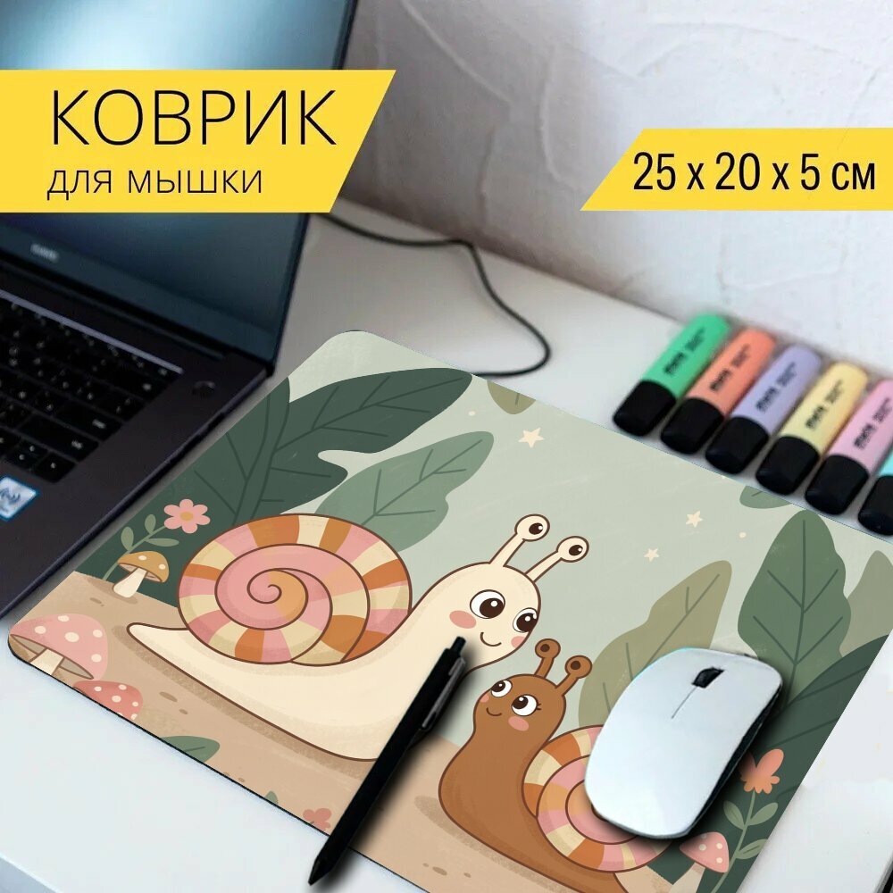 Коврик для мыши с принтом "Две милые улитки в лесу. Нежная детская иллюстрация с парой улиток, окружённых крупными листьями, цветами и грибами. Пастельные зелёные, розовые." 25x20см.