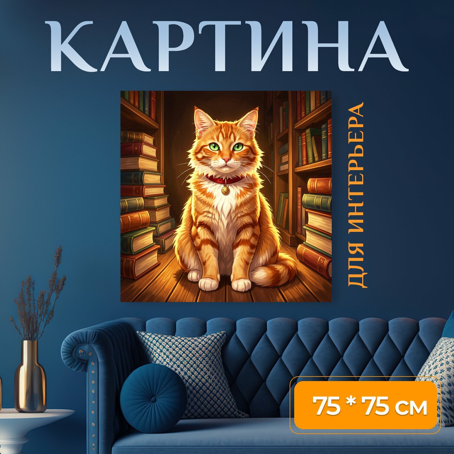 Картина на холсте "Рыжий кот в библиотеке. Уютная иллюстрация с полосатым пушистым питомцем среди книжных полок, тёплые золотисто-коричневые." на подрамнике 75х75 см. для интерьера
