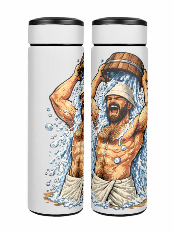 Термос «Мужчина обливается после парилки ледяной водой» (белый)