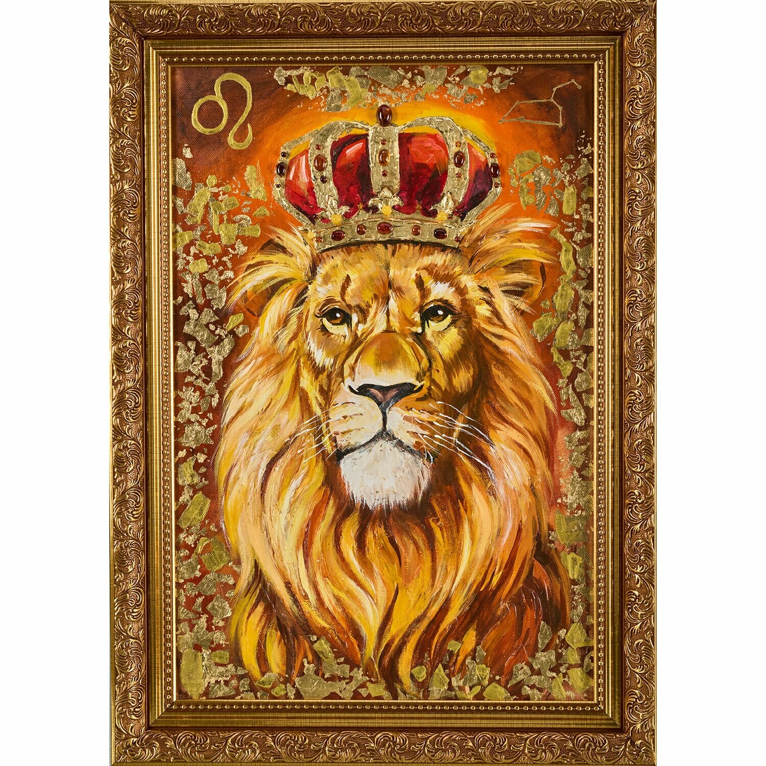 301510 НП Картина Живопись "ЛЕВ"60*40 см, холст, фактурная паста, поталь, янтарь
