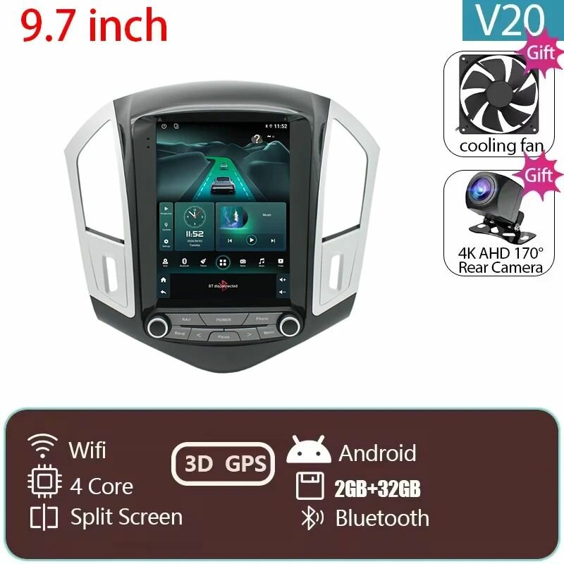 Штатная магнитола 2DIN для Chevrolet Cruze 2009-2012 (Тесла-стиль), Android, IPS экран, поддержка CarPlay/Android Auto, GPS