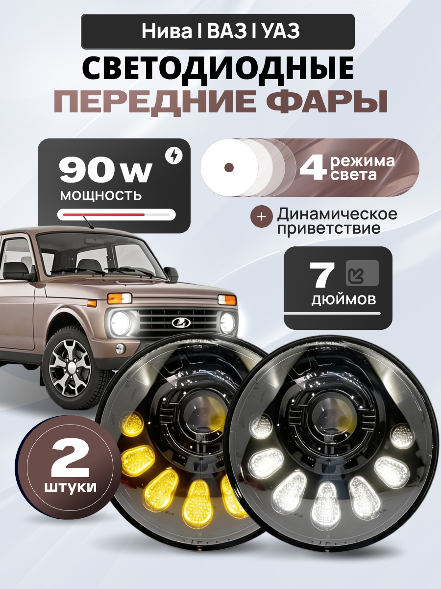 Линзованные фары Нива 2121, передние фары Ваз 2101, Уаз Хантер / Буханка, Led фары 7 дюймов