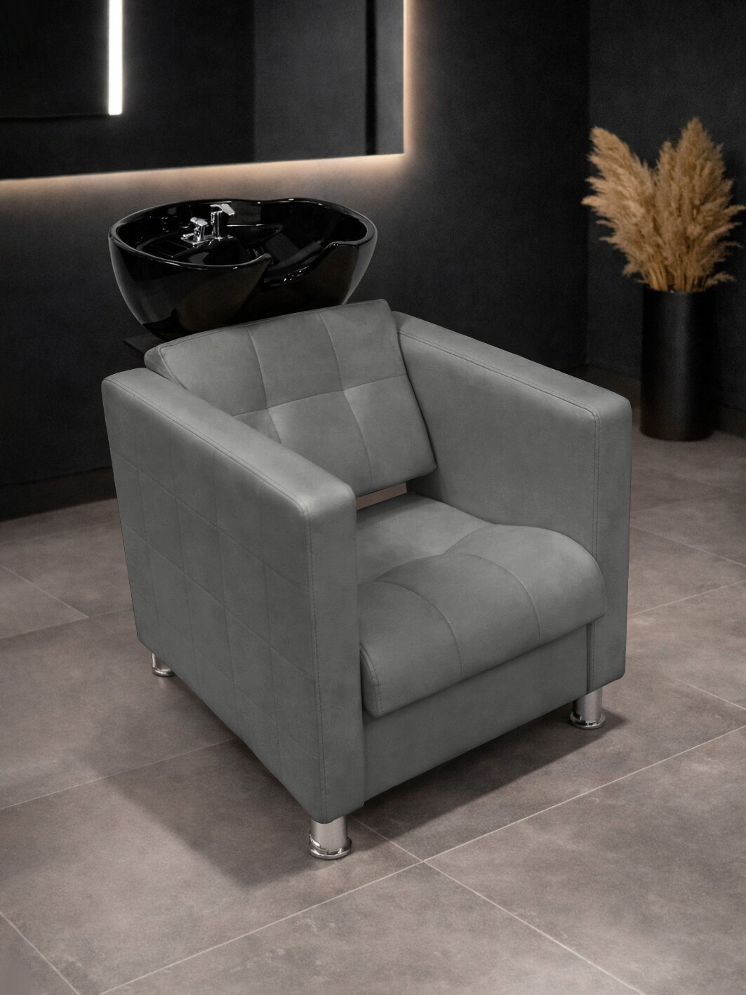 Парикмахерская мойка с креслом Квадрат, глубокая раковина черного цвета, Уютный мастер, светло- серый