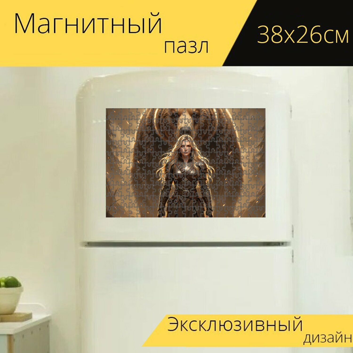 Магнитный пазл "Воительница и медведь в лесу. Фэнтезийная сцена: смелая девушка в доспехах стоит перед огромным бурым хищником в туманном лесу. Тёплые." для интерьера, 38х26 см.