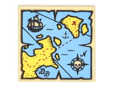 Деталь Lego 3068bpb0929 Tile 2 x 2 with Groove with Map Blue Water, Yellow Land, Black Pirate Ship, Compass Rose, White Skeleton Head and Red 'X' Pattern