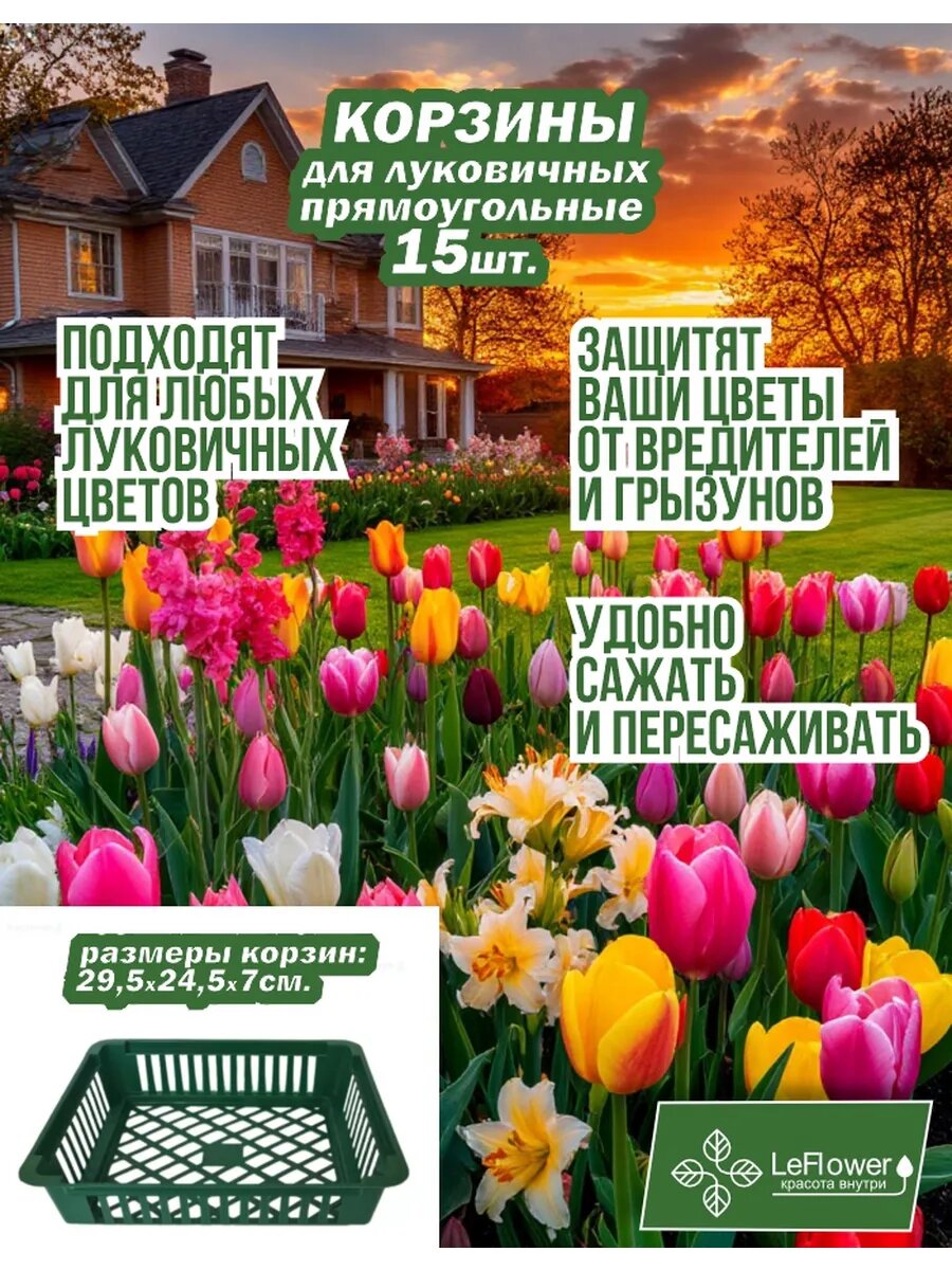 Корзина для луковичных LeFlower, прямоугольная, пластик, 15 штук, 29,5x24,5x7 см, зеленая