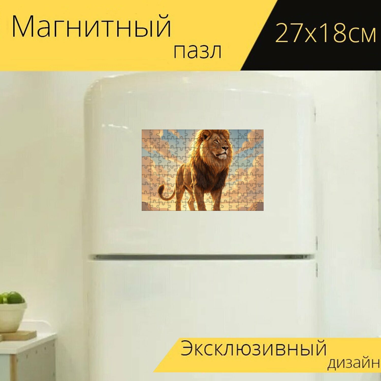 Магнитный пазл "Лев на скале на закате. Величественный царь зверей стоит на каменном уступе среди гор, золотистая грива светится в лучах вечернего неба." на холодильник 27 x 18 см.