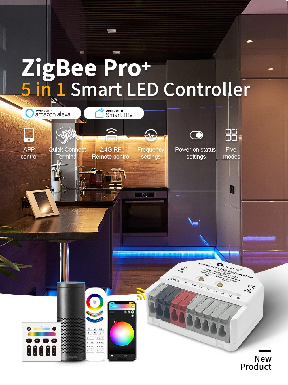 Контроллер для светодиодной ленты GLEDOPTO ZigBee 3.0 Pro+ Ultra Mini 5в1 DC12-24V RGB CCT WWCW управление через приложение Alexa голосовое ZigBee2mqtt Conbee