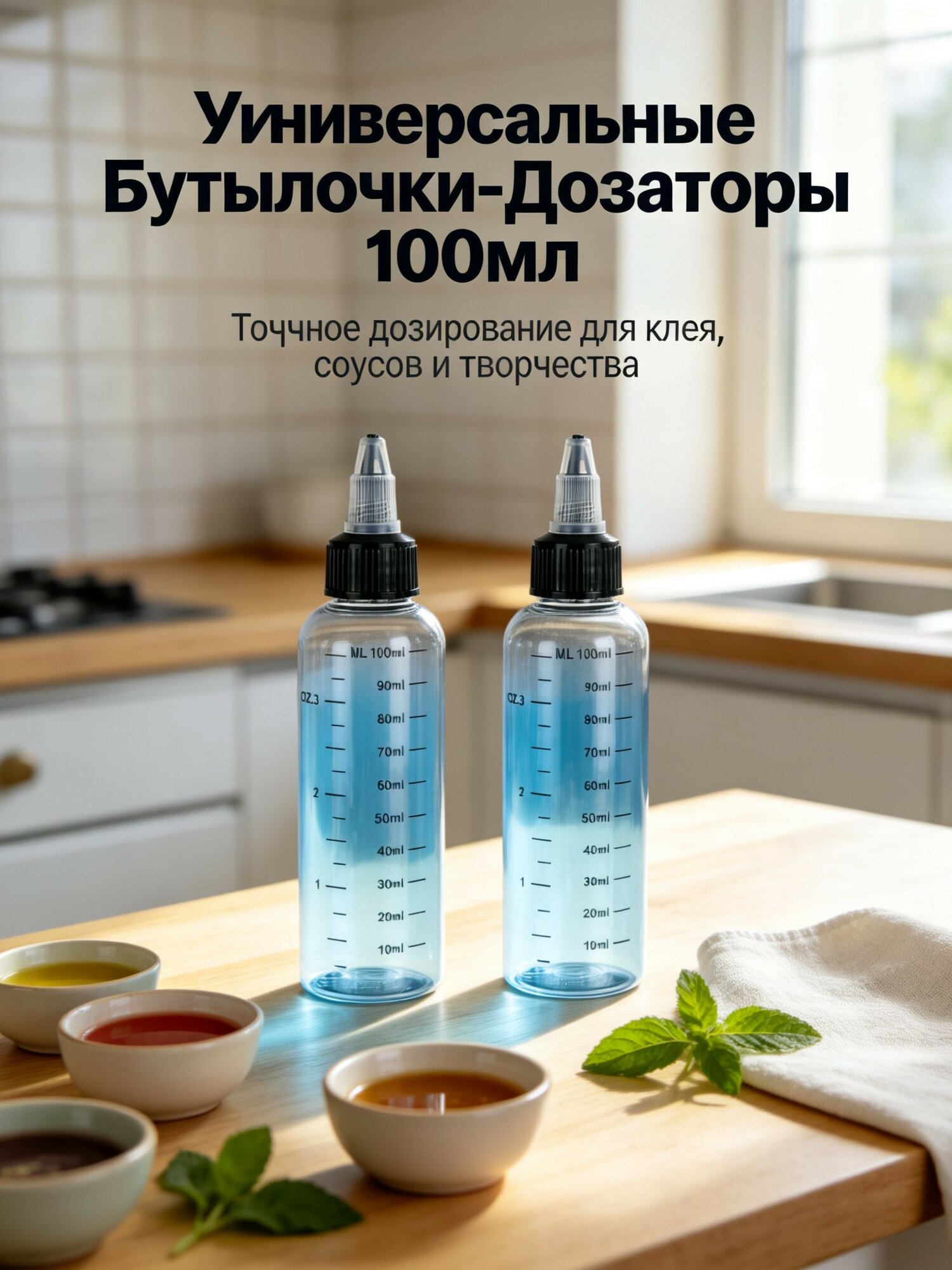 Набор из 2 бутылочек 100 мл, с дозатором и шкалой для точного дозирования клея, соусов, красок и бытовых жидкостей